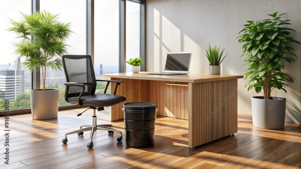 Sparkling clean wooden desk with shiny black chair, trash can, and ...