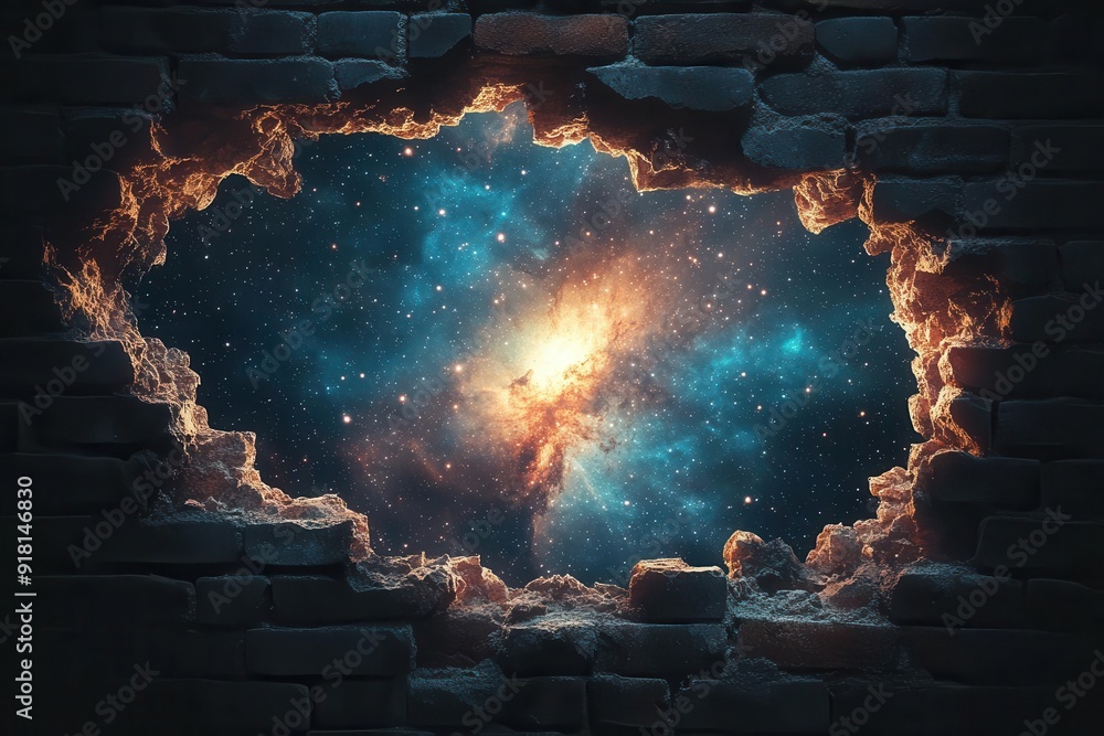 surreal image of cosmic void emerging from crumbling brick wall stars ...