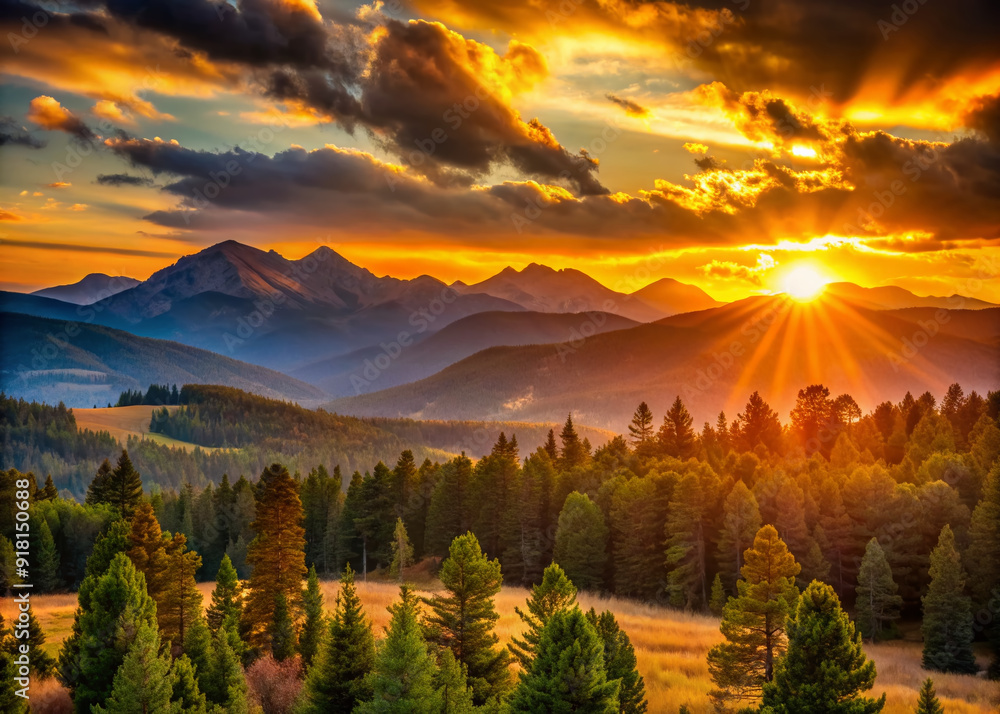 Vibrant orange sun sinks behind majestic Rocky Mountains, casting a ...