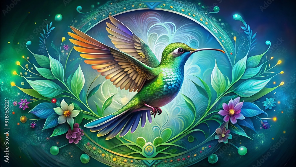 Vibrant, whimsical hummingbird illustration with iridescent feathers ...