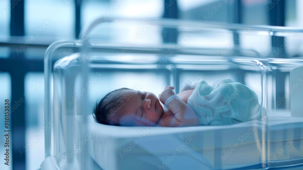 Newborn baby in hospital incubator. A peaceful moment captured in a ...