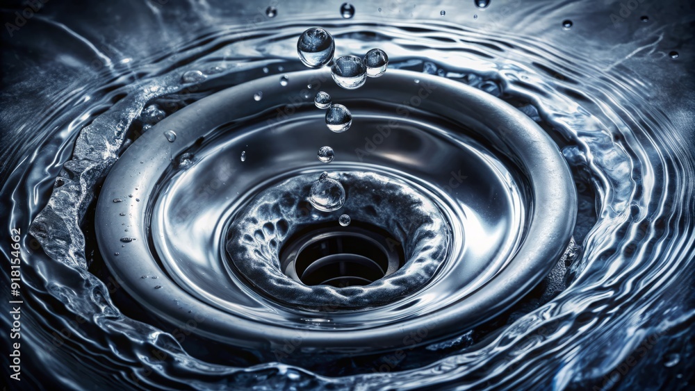 Water swirls down a shiny metal drain, creating a whirlpool effect as ...