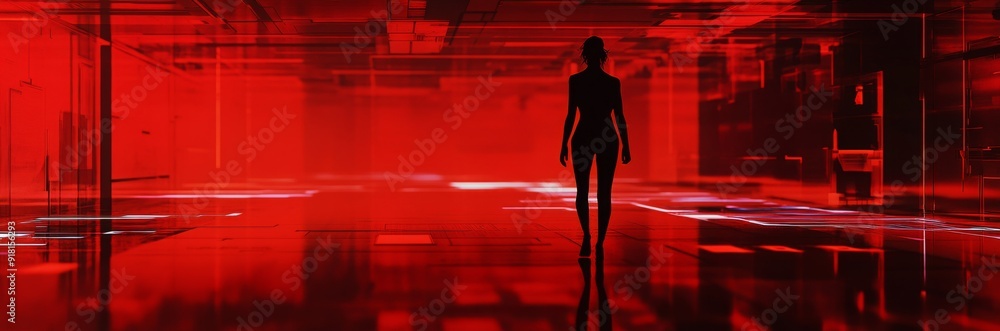 Silhouette of a Walker Amidst Glittering Red Lights, Embracing the High ... Silhouette of a Walker Amidst Glittering Red Lights, Embracing the High ...