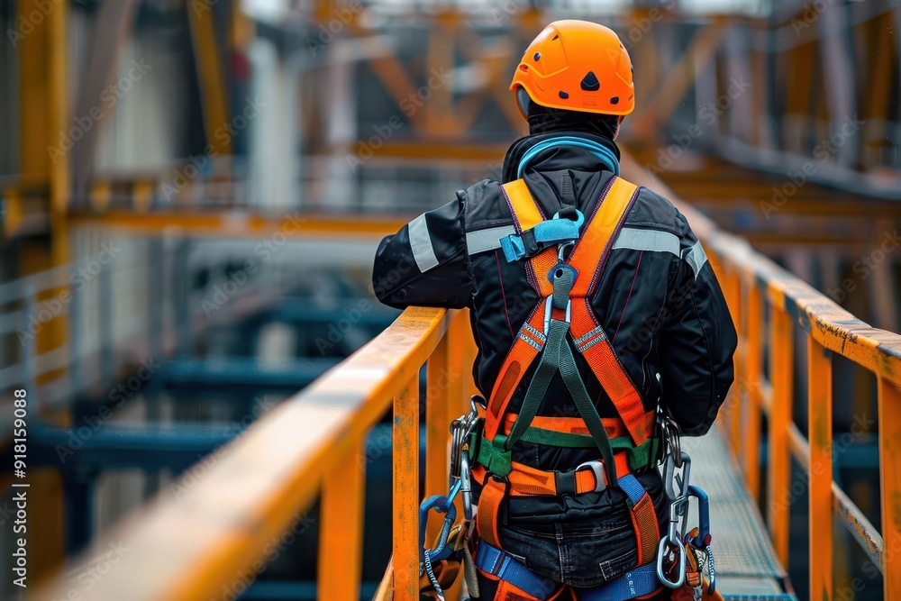 Worker using a harness on a high platform, occupational safety, fall ...
