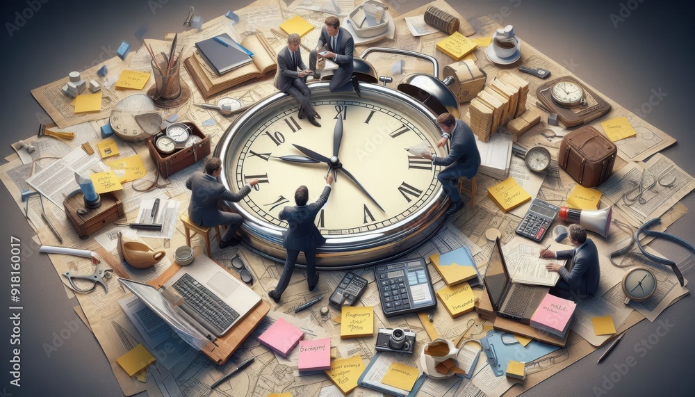Conceptual image of time management with businessmen adjusting a giant ...