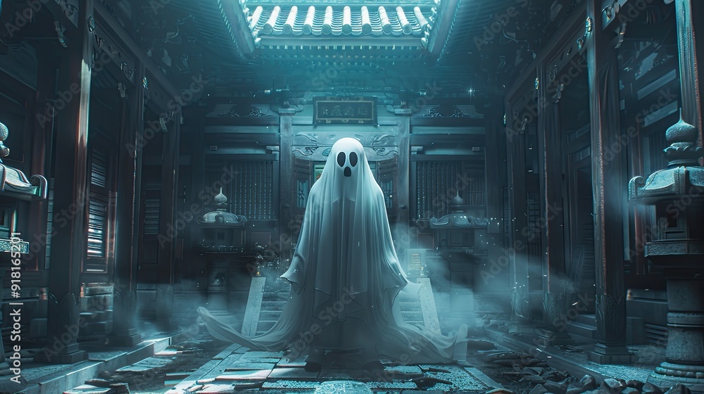 Iconic anime character in a ghost costume, floating through a haunted ...