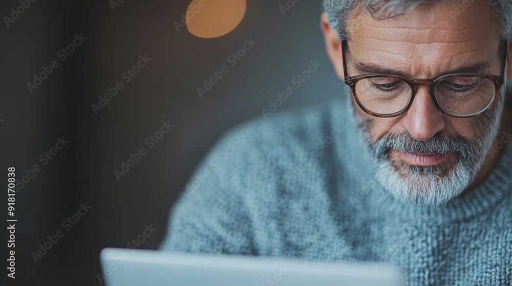 An older man with neatly styled grey hair and glasses works intently on his laptop, seated in a ...