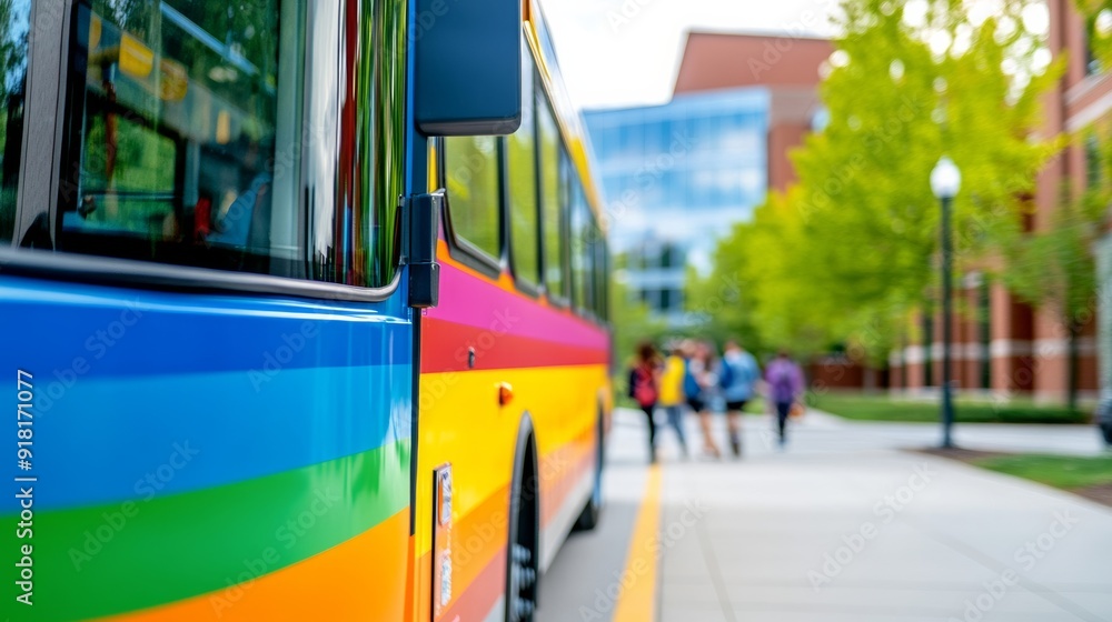 Closeup of a campus shuttle bus with university branding, students ...