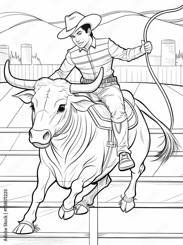 Rodeo Cowboy Bull Riding Coloring Page for Kids Stock Illustration ...