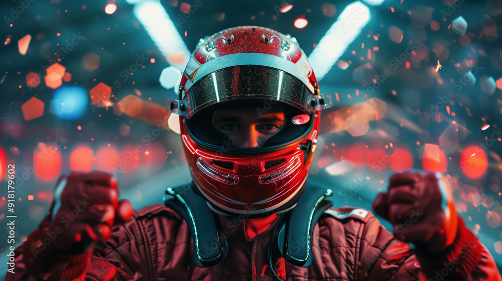 Formula 1 Driver Celebrates Victory with Fist Pump in Racing Helmet and ...