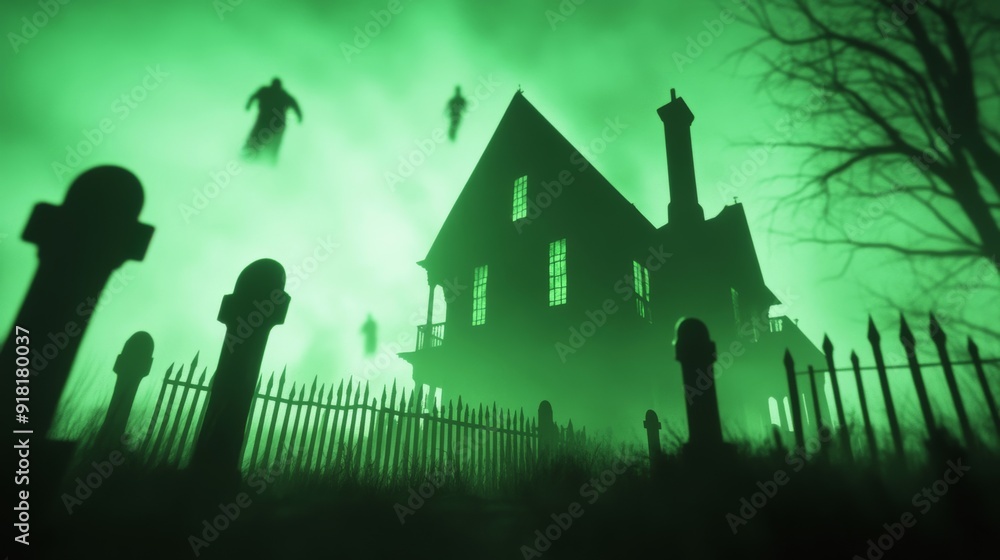 Haunted house with eerie green glow, broken fence and tombstones in the ...