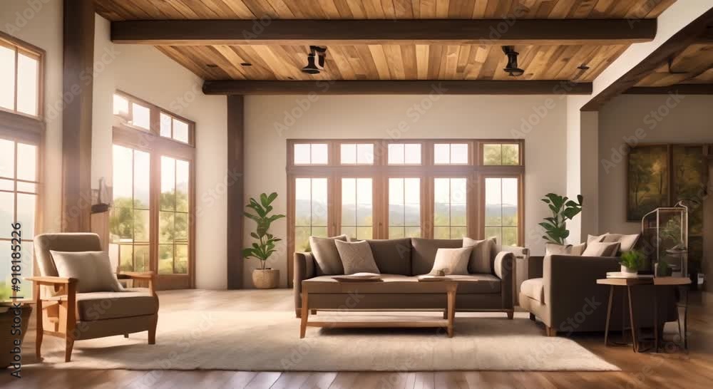 Living room with traditional house and beautiful natural landscape ...
