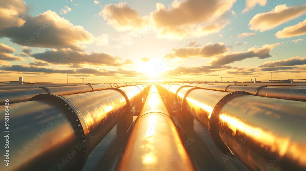 Industrial pipeline, oil refinery, metallic pipes, golden hour sunlight ...