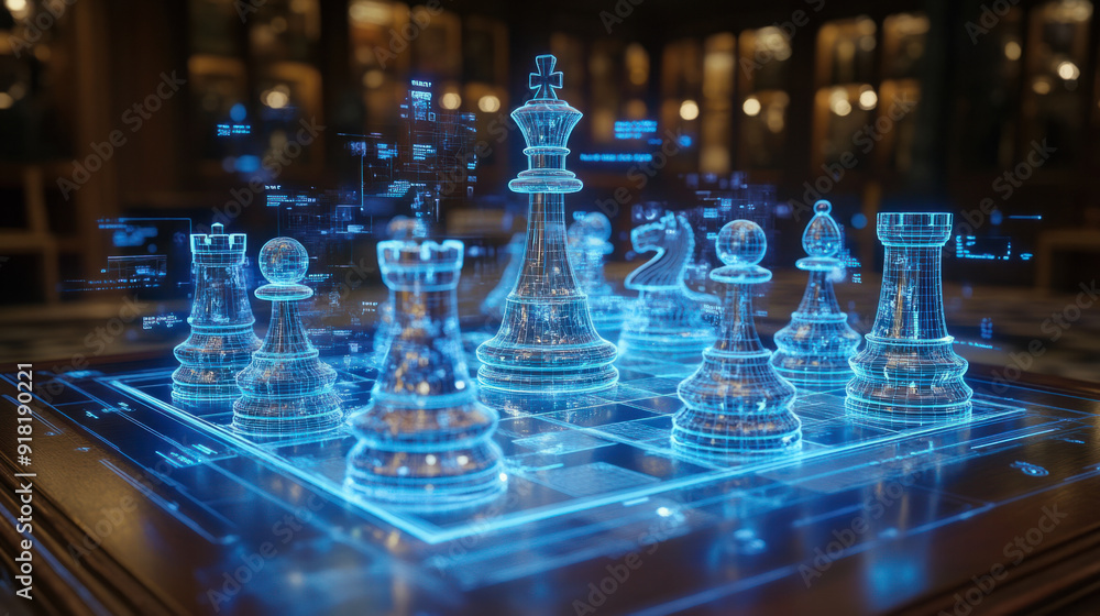 Chess business strategy, Floating holograms of chess pieces ...