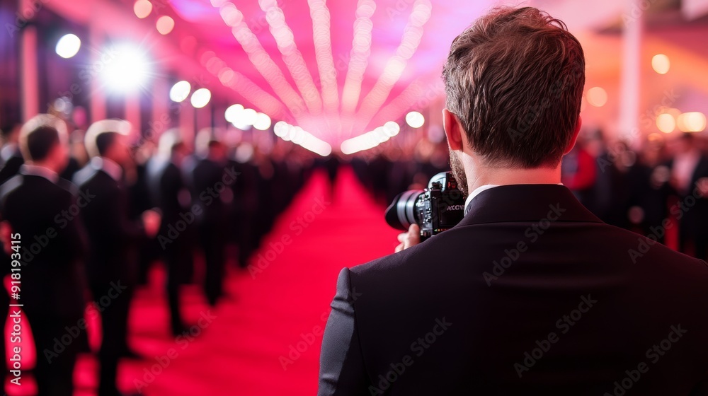 Wide angle of a red carpet event, celebrities posing for photos ...