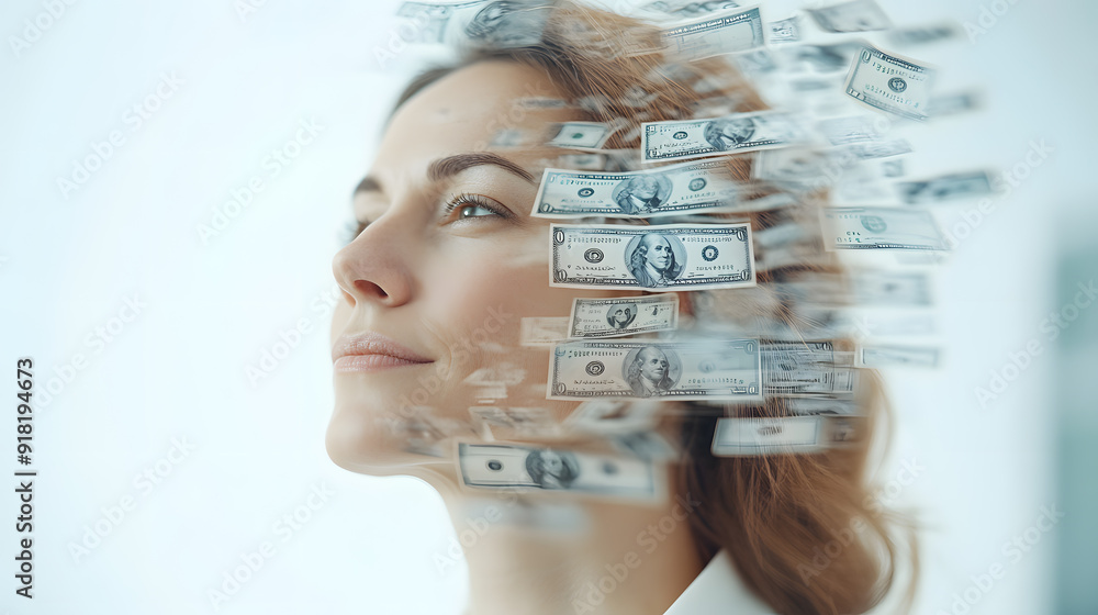 Investment concept art featuring a woman and banknotes in double ...