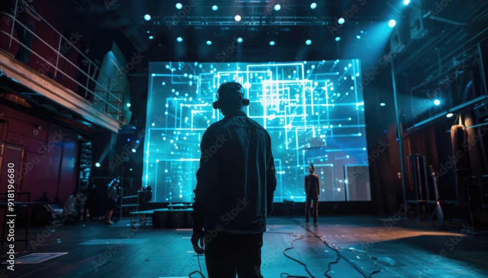 A theater director in a rehearsal space with an AI assistant as a ...