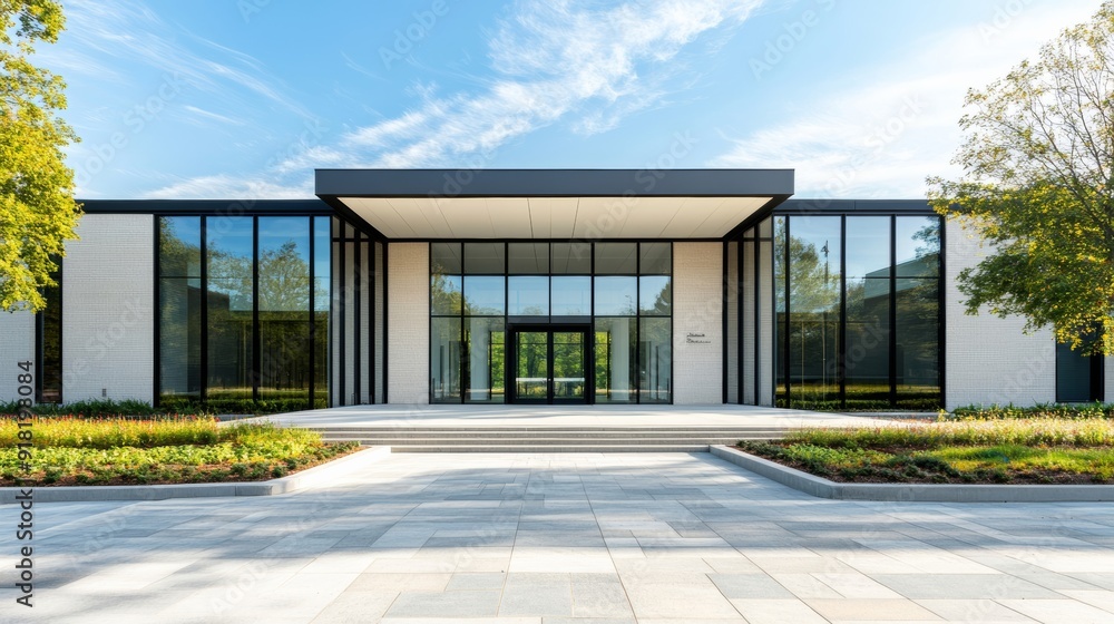 Wide angle shot of an accessible museum entrance with ramps, automatic ...