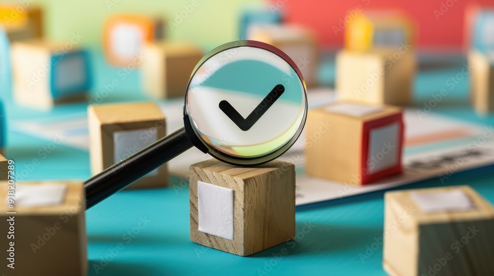 Hand holding magnifying glass with check mark icon on colorful pastel ...