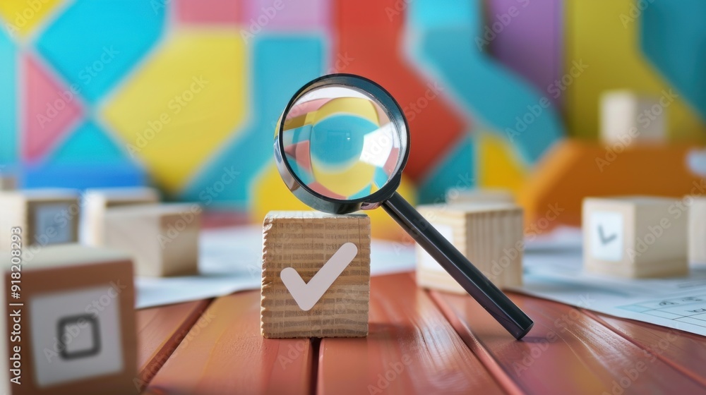 Hand holding magnifying glass with check mark icon on colorful pastel ...