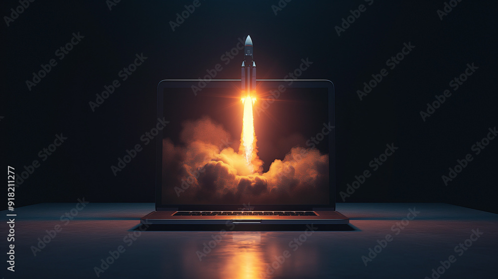 Rocket Launching from Laptop: Technology Startup Concept, Digital Innovation, Futuristic Launch ...