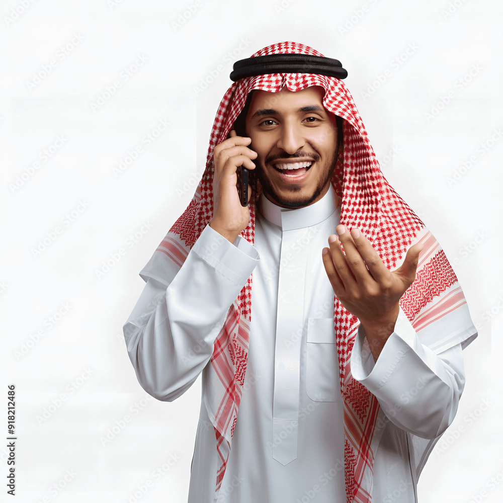 Using a mobile device, a Saudi Arabian Gulf man wearing the traditional ...