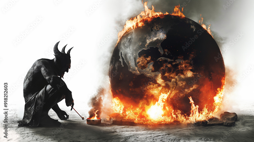 Satan is squatting on the left side of the image, roasting marshmallows ...