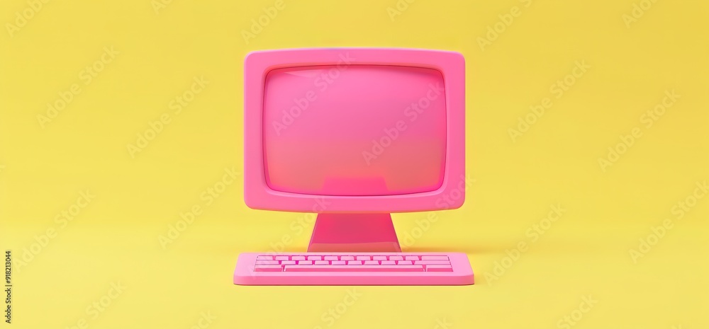Pink retro computer monitor and keyboard on a bright yellow background ...