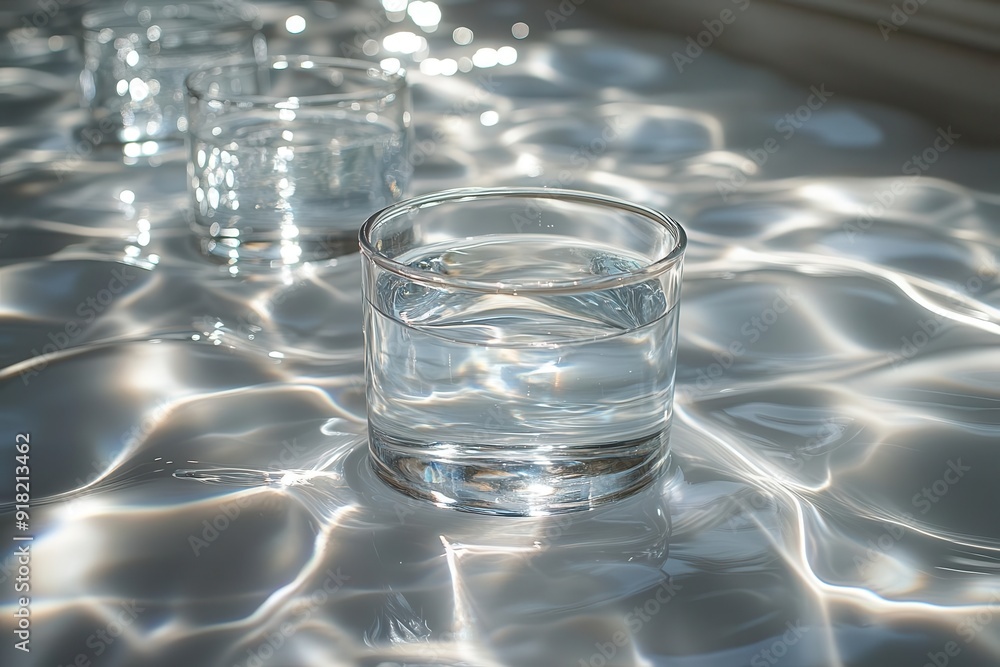 artistic still life of water glass refracting light creating prismatic ...