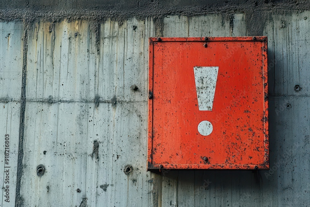bold red warning sign with exclamation mark against stark gray wall ...