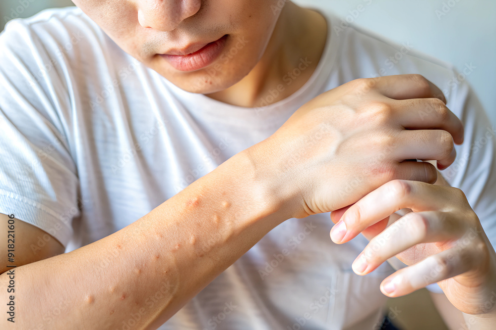 Young asian man itching and scratching on arm from allergic itchy dry ...