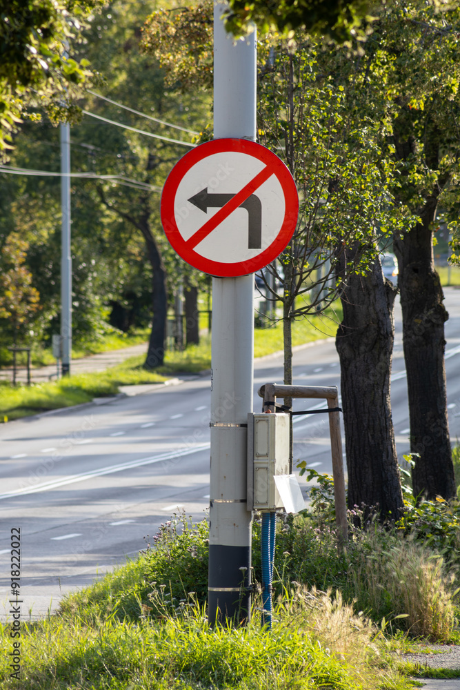 No left turn. Red circle, diagonal line. Essential road sign, ensures ...