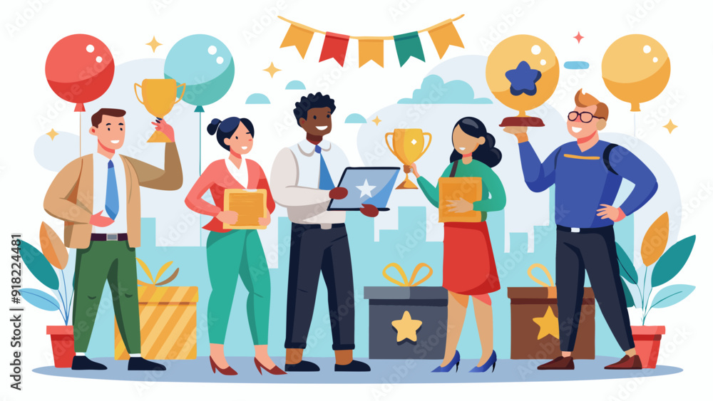 Workplace Awards Ceremony: Employees receiving awards or certificates ...