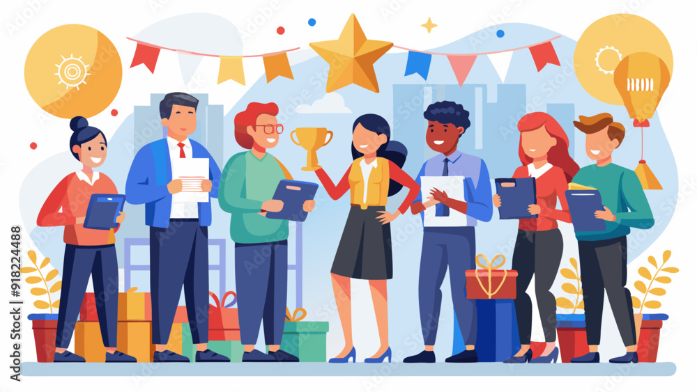 Workplace Awards Ceremony: Employees receiving awards or certificates ...
