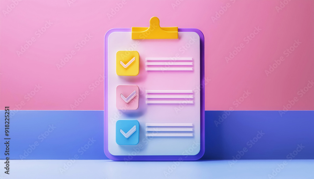 Colorful checklist with check marks on a clipboard against a pastel ...