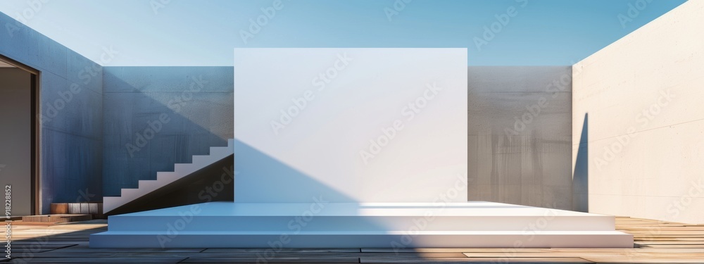 The backdrop is a large white sheet with a staircase in one corner. The ...