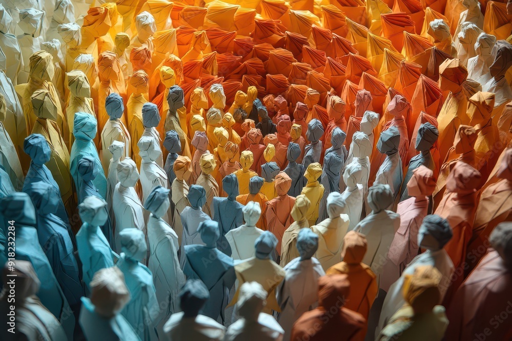 diverse crowd of origami figures in muted pastels arranged in a ...