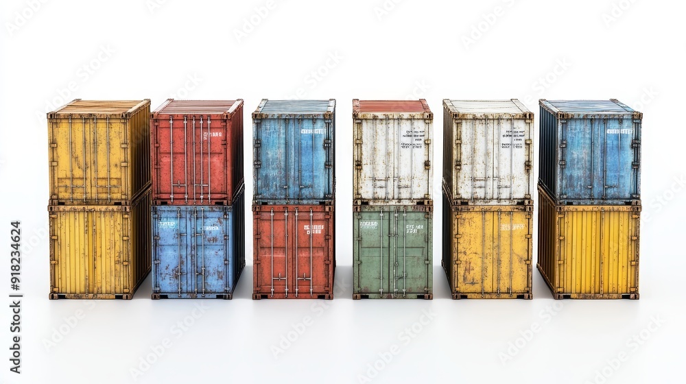 Colorful Shipping Containers Stacked on White Background - A row of six ...
