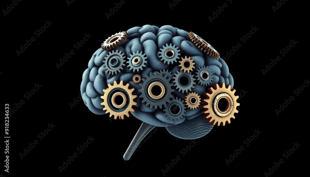 eye-catching illustration of a brain filled with complex cogs and gears ...