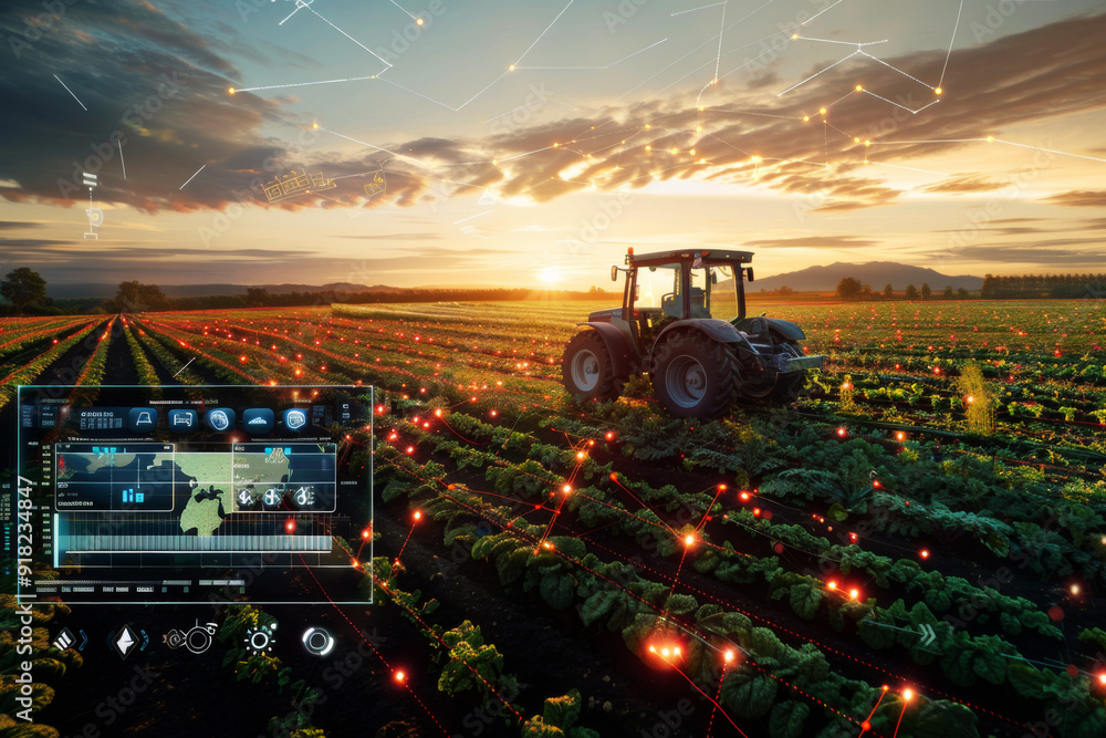 High-tech smart farm with IoT devices monitoring crop health. Detailed ...