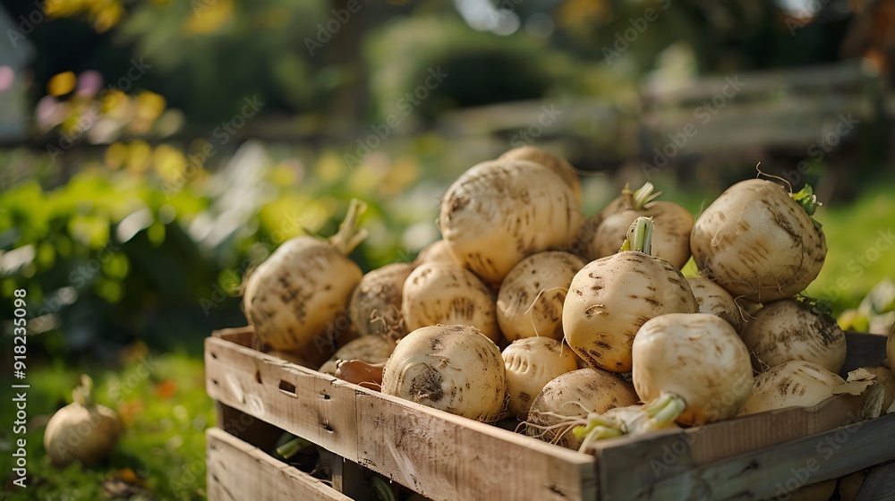 Realistic photo of basket or crate of vegetables with many Rutabagas ...