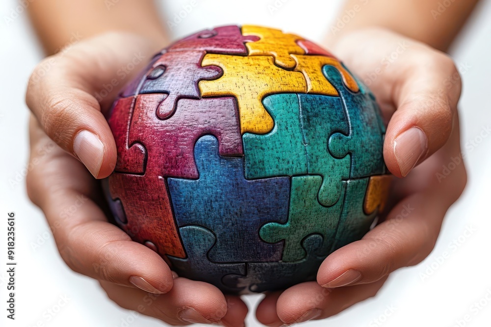 dynamic 3d render of puzzle pieces forming a globe diverse hands work together to complete the ...