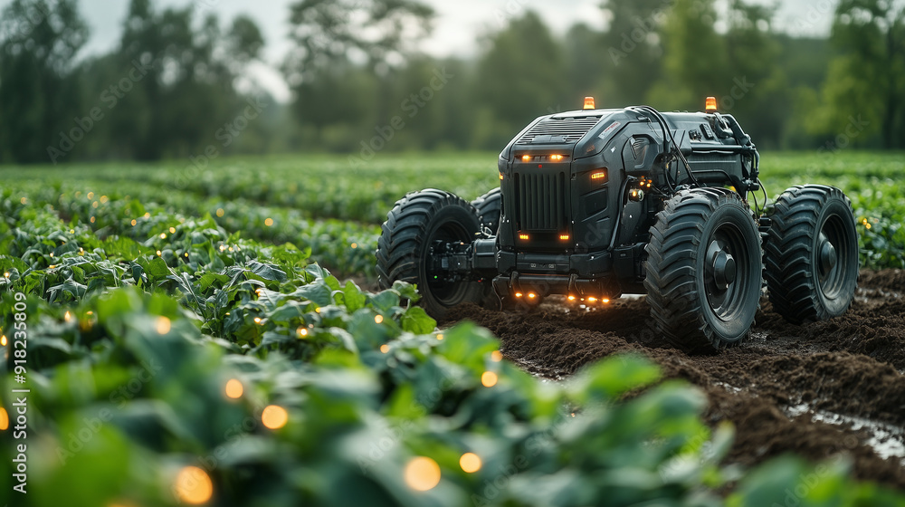 Autonomous Farming: A futuristic robot tractor navigates a field of ...