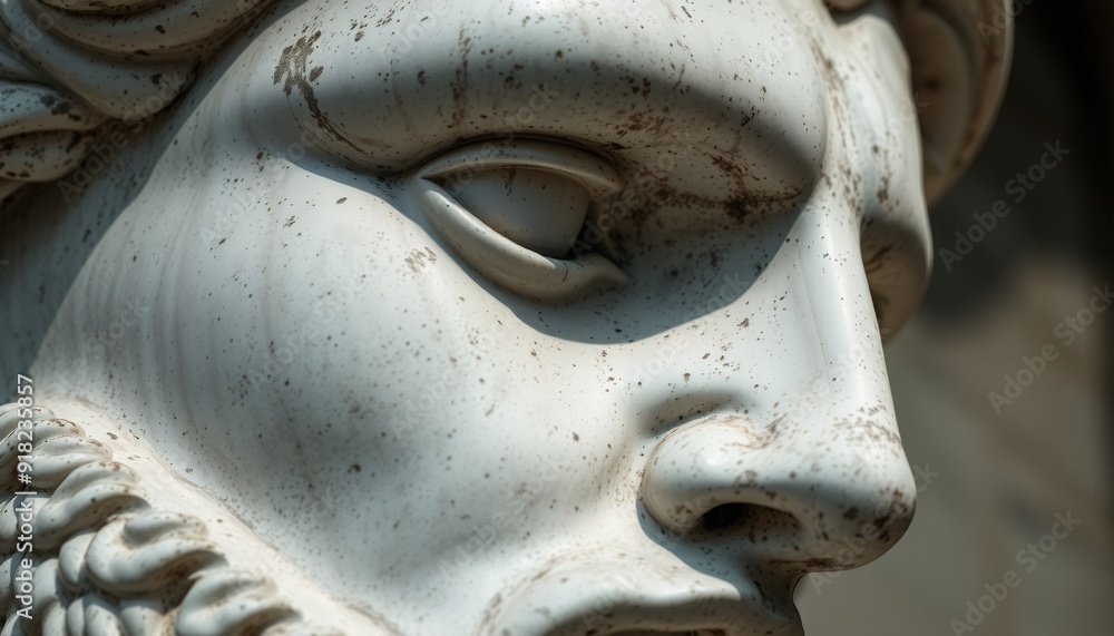 dramatic angle of an aged marble statues face showcasing rippling ...