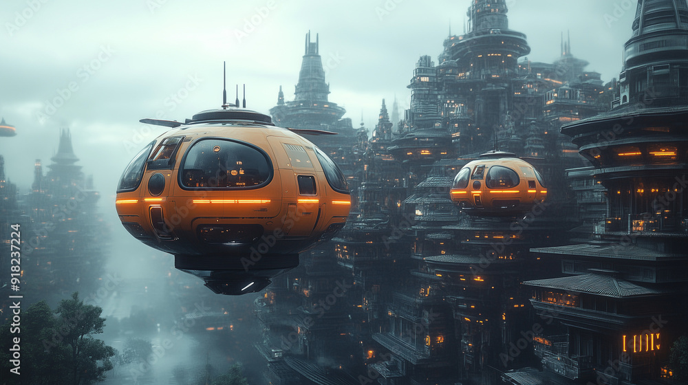 Foto de Futuristic Cityscape: Two sleek, orange hovercrafts soar ...