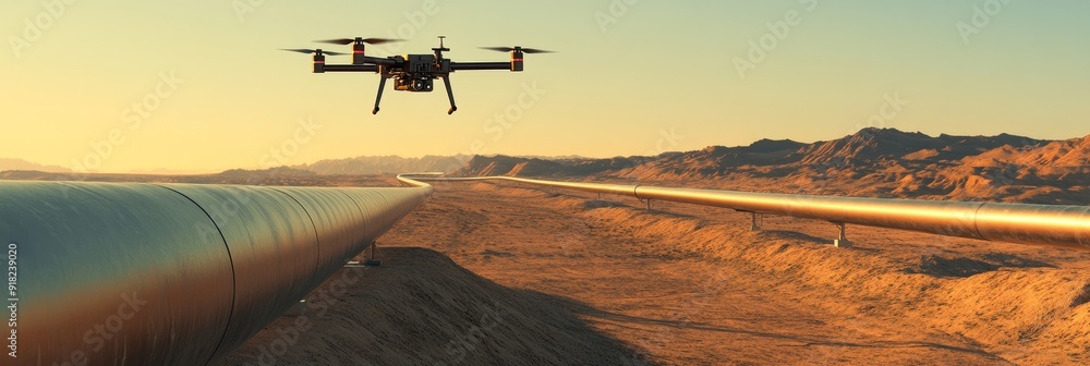 Drone Inspection of Pipeline in Desert Landscape - A drone flies over a ...