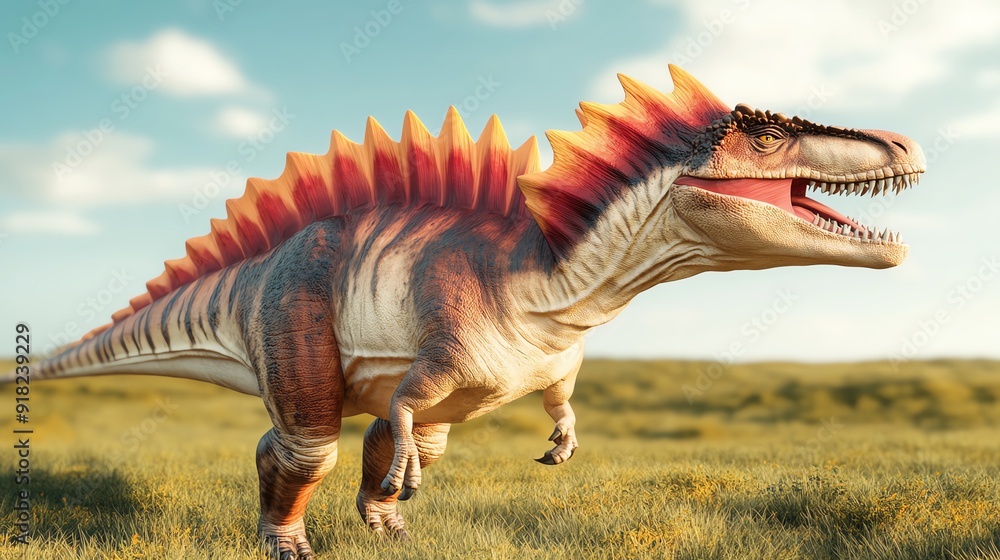 Styracosaurus displaying vibrant frill in a grassy plain, CGI dinosaurs ...