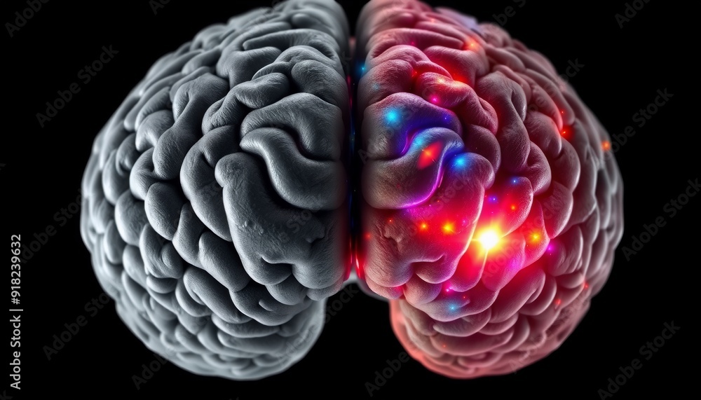 split brain with left side gray dull right side radiant with bright ...