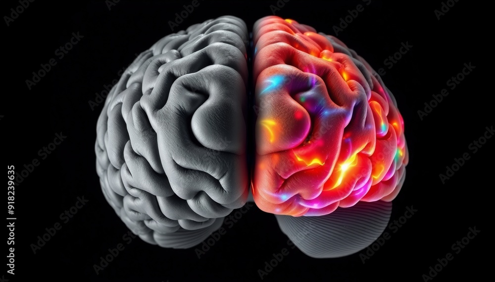 brain split in half left half gray and boring right half alive with ...