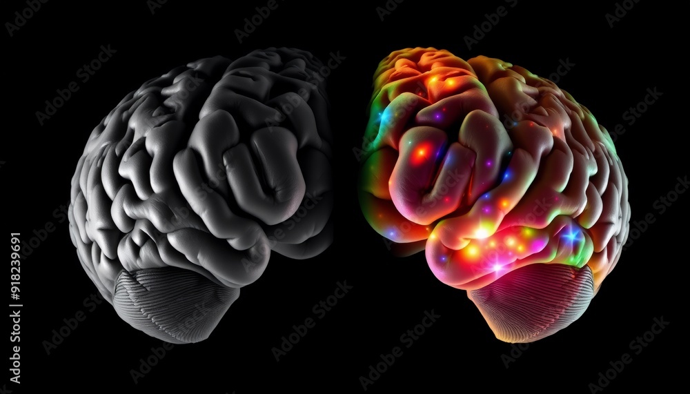 left and right brain hemispheres left side dull gray right side alive ...